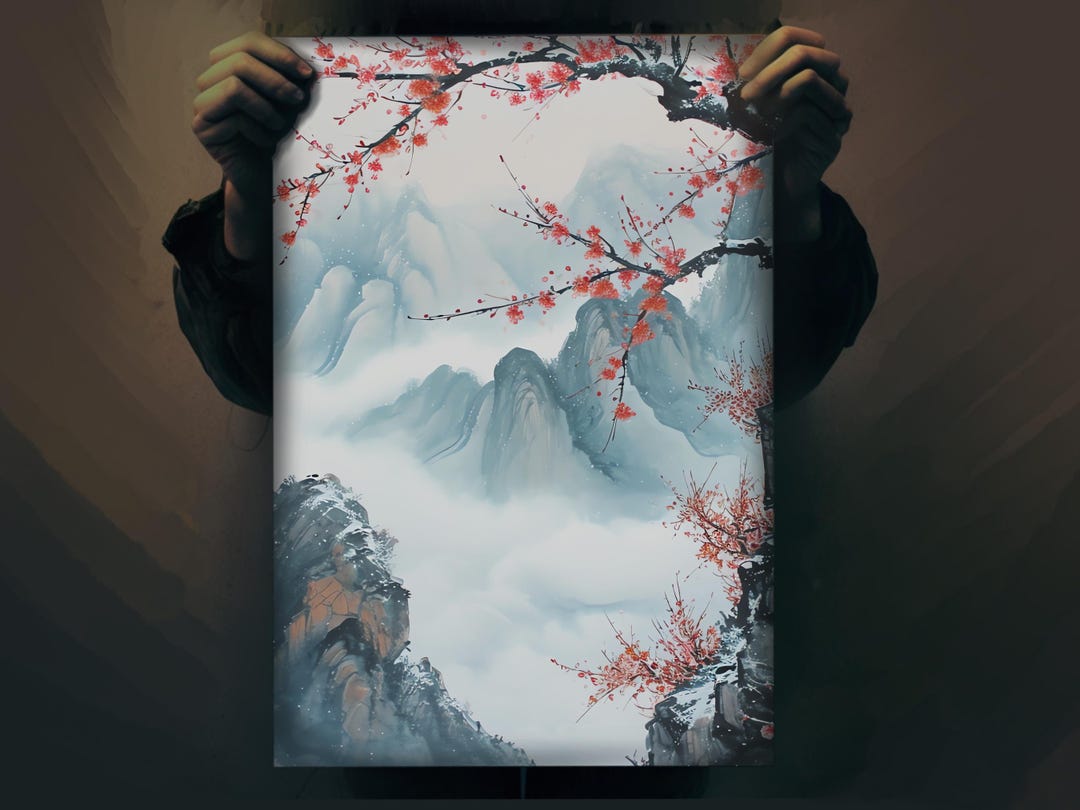 Chinese Mountain & Tree Poster Red Leaves Art Cloisonnism Painting ...