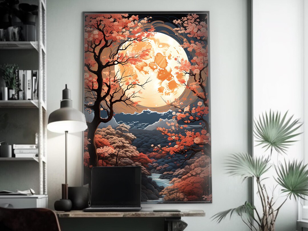 Japanese Full Moon River Scene | Airbrush Digital Art | Ukiyo-e Inspired | Breathtaking Night ...