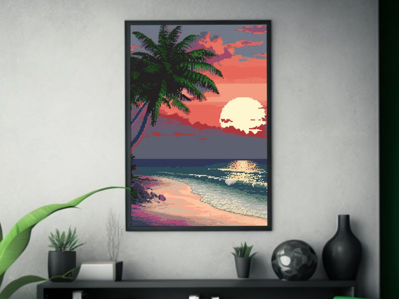 Vaporwave Beach Sunset Pixel Art Poster Aesthetic Artwork Retro Digital ...