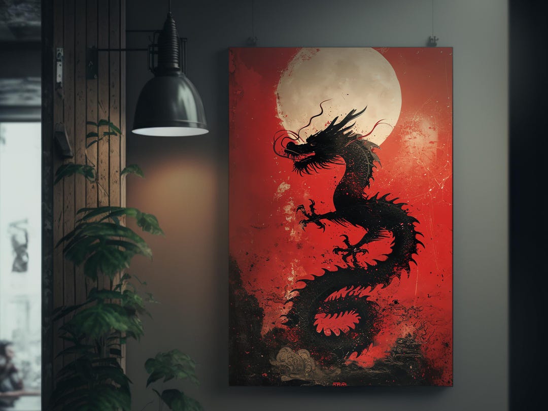 Fantasy Chinese Dragon Moonlit Mythology Art Red Dragon Poster Original ...