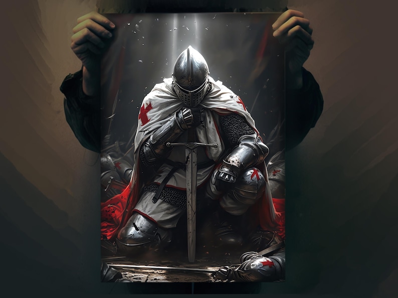 Medieval Knight Poster Kneeling With Sword Art Detailed Painting Holy ...