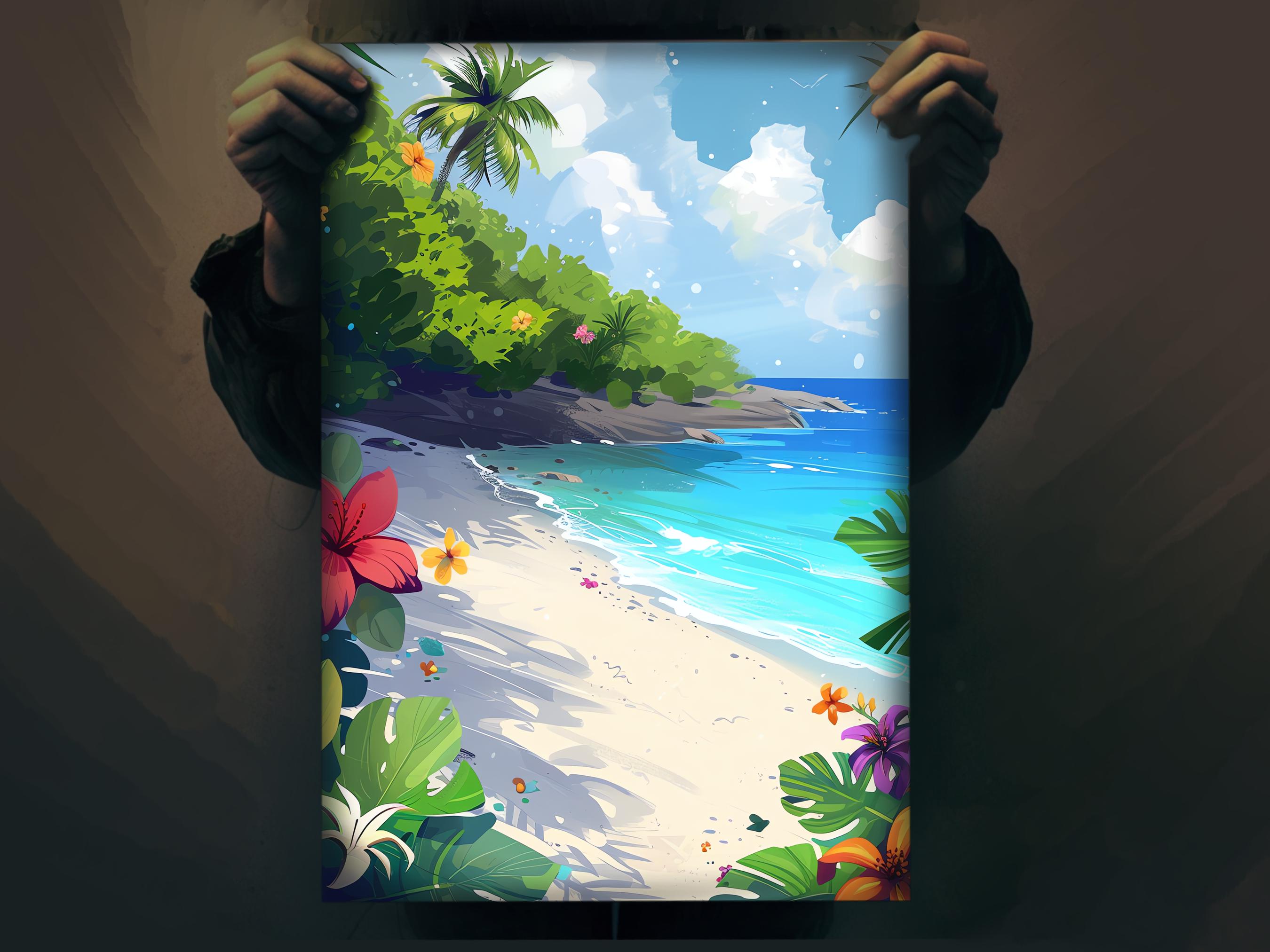 Tropical Beach Art Palm Tree Poster Floral Matte Painting Scenic ...