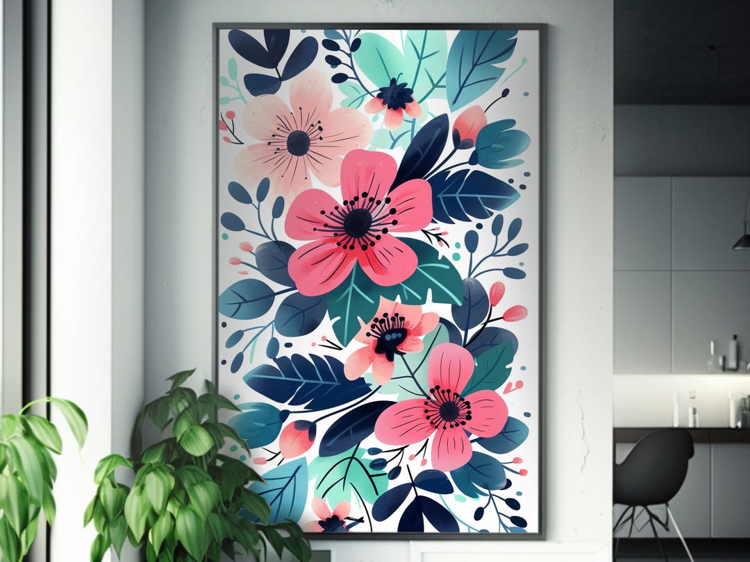 Pink and Blue Floral Silk Screen Poster | Generative Art | Flowery ...
