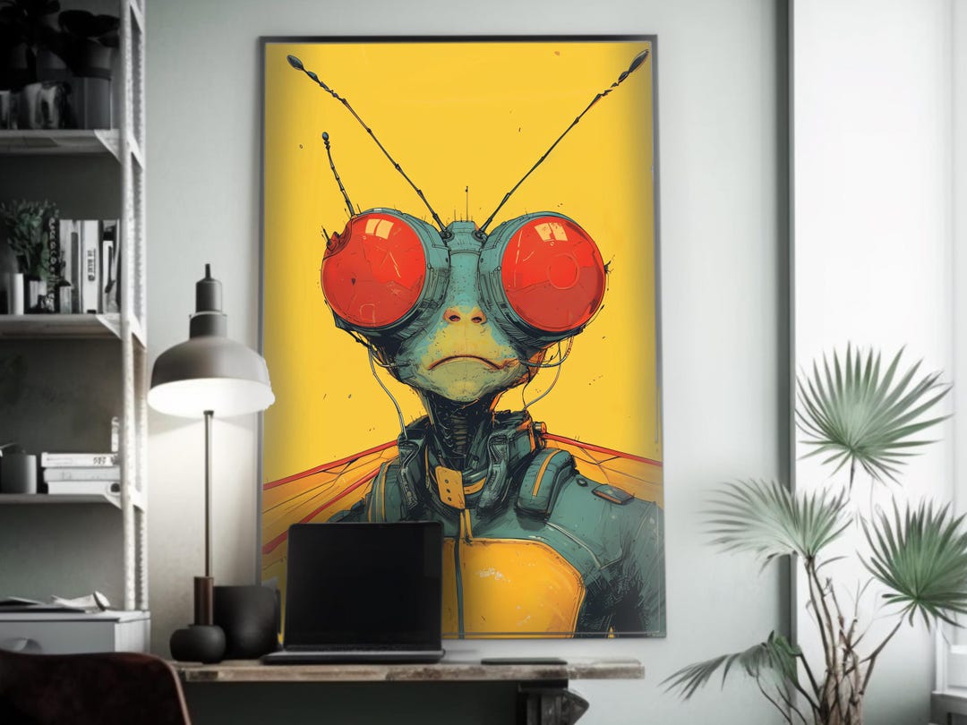 Cyberpunk Insect Poster With Red Eyes Retrofuturistic Art Vector ...