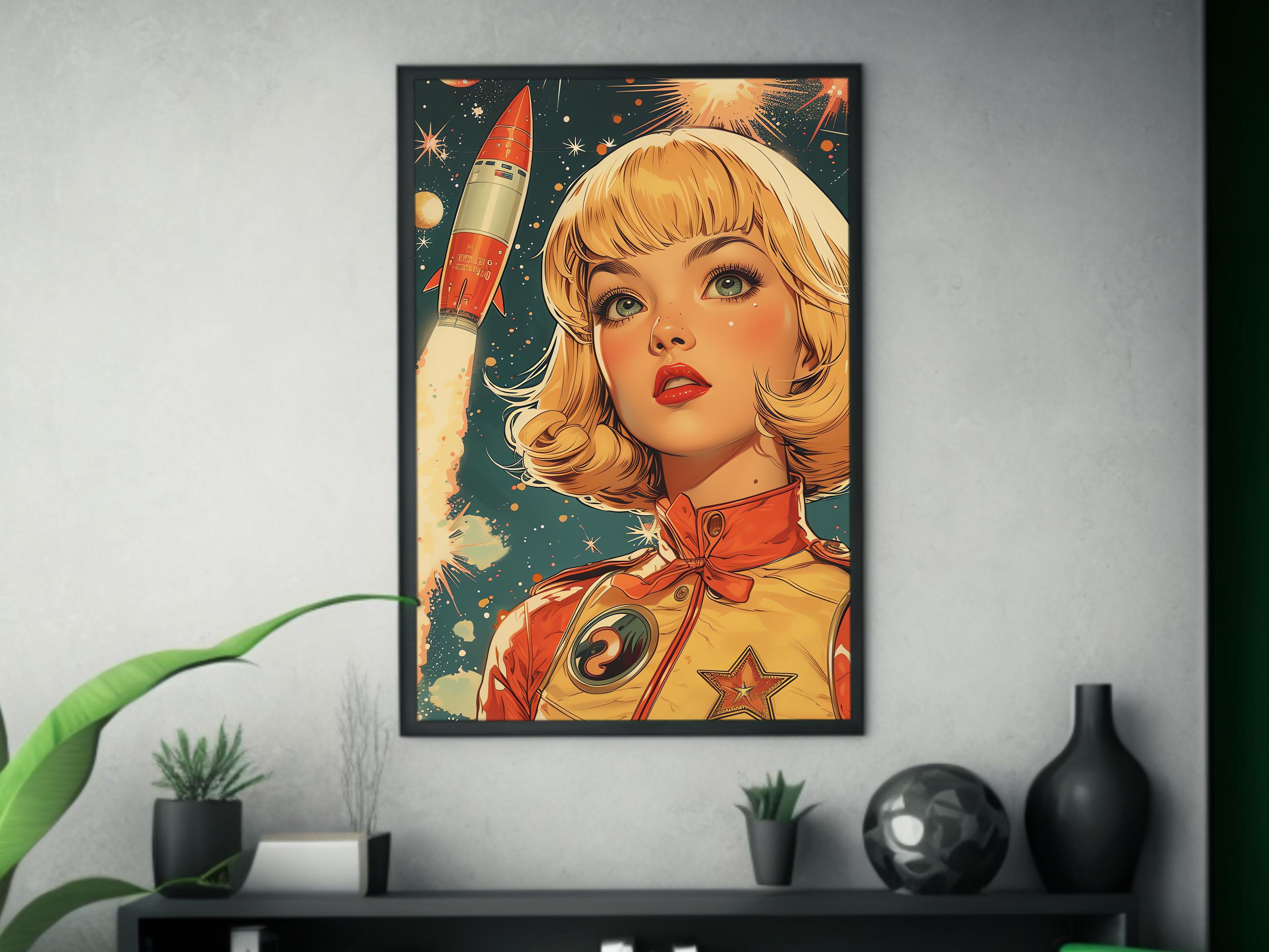 Vintage Space Suit Woman Poster Retrofuturism Rocket Art Sci-fi Wall ...