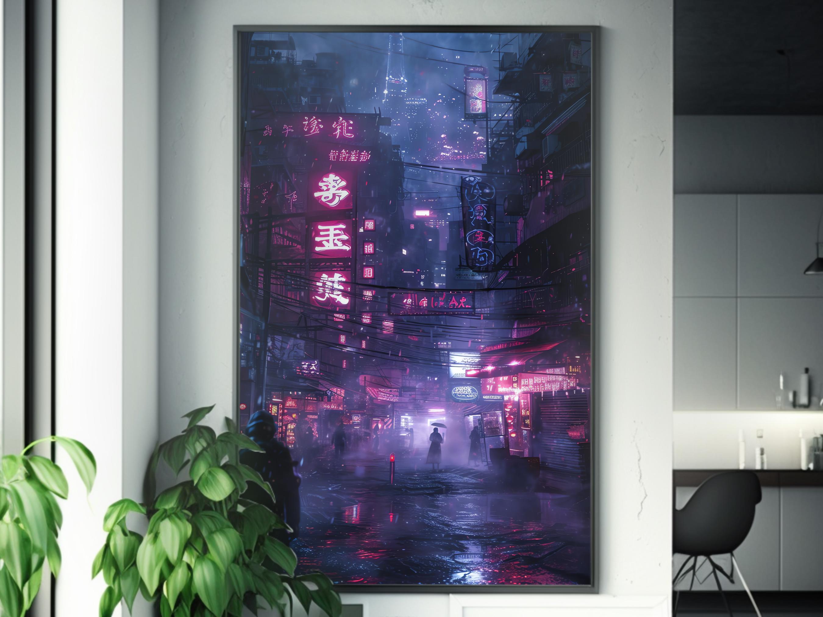 Neon Cyberpunk Cityscape Poster Retrofuturism Art Print Rainy Night ...