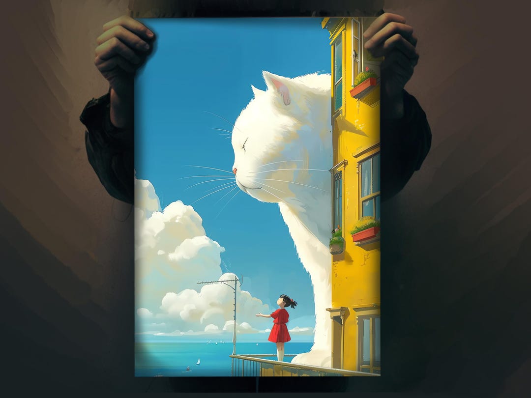 Red Dress Lady & White Feline Art Magical Realism Poster Detailed Anime ...