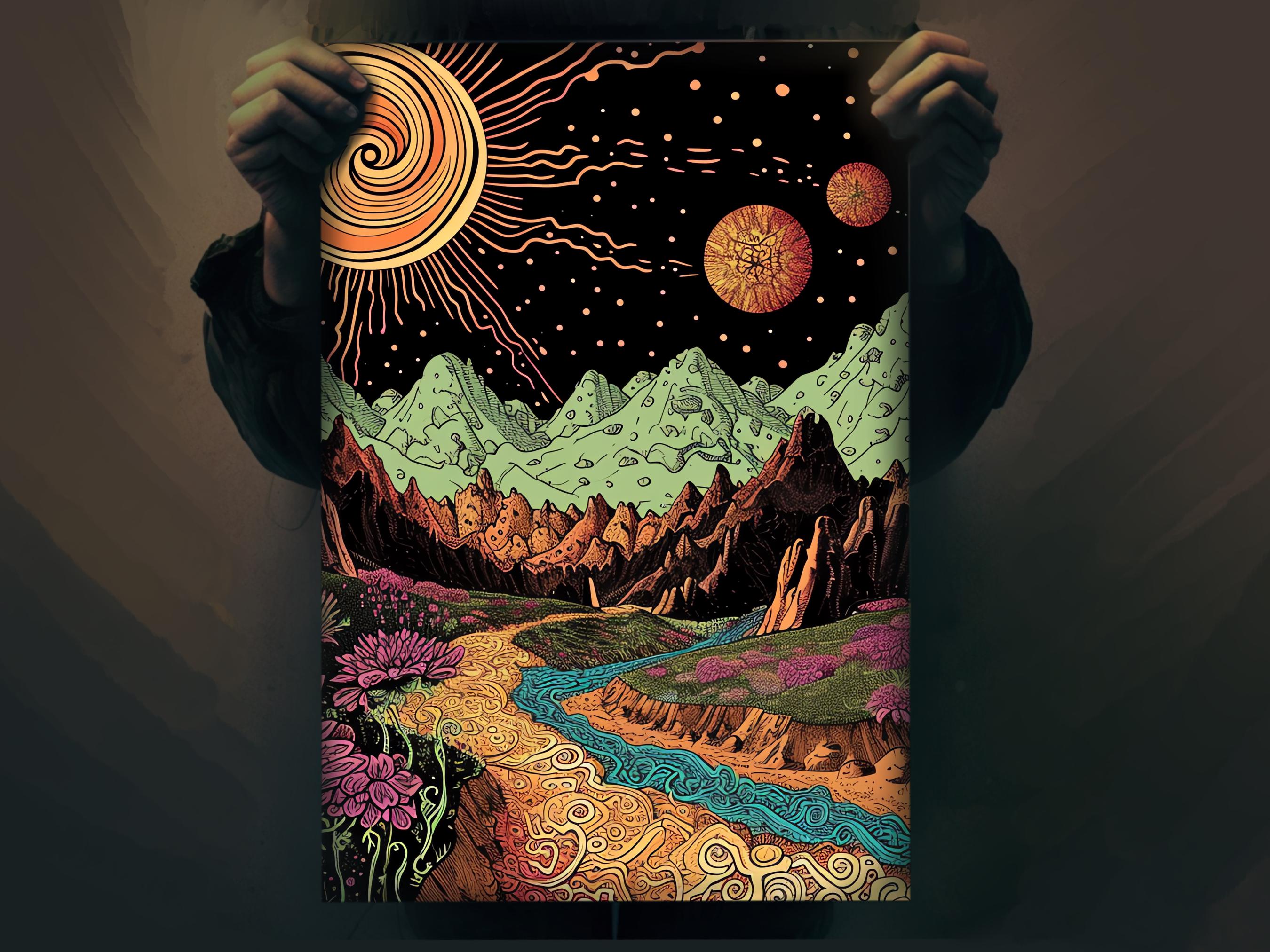 Psychedelic Mountain River Art | Cosmic Lsd-inspired Poster | Ski ...