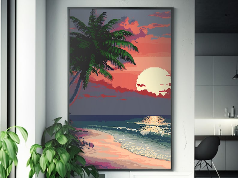 Vaporwave Beach Sunset Pixel Art Poster Aesthetic Artwork Retro Digital ...