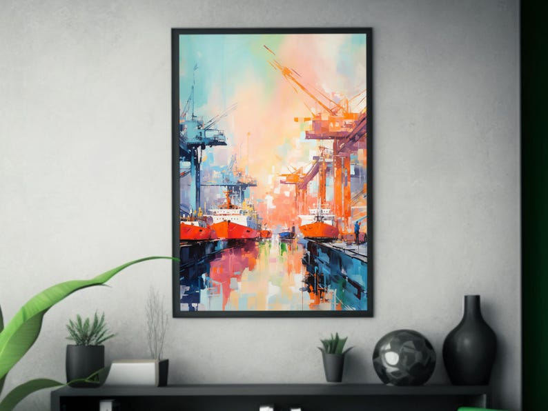 Harbor Boat Painting Shipyard Art Print Port Scene Poster Nautical Wall ...