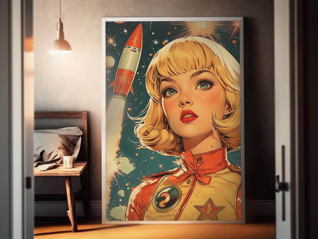 Vintage Space Suit Woman Poster | Retrofuturism Rocket Art | Sci-fi ...