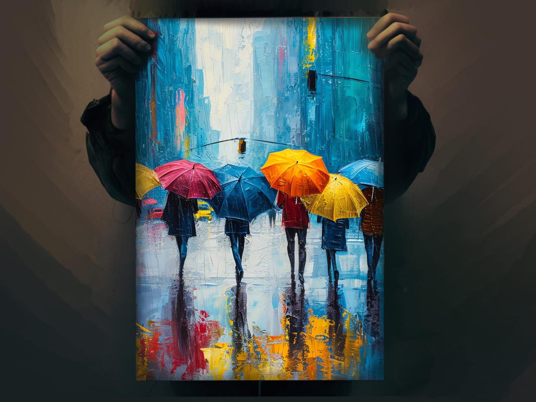 Colorful Oil Art of Rainy American Scene People With Umbrellas Vibrant ...