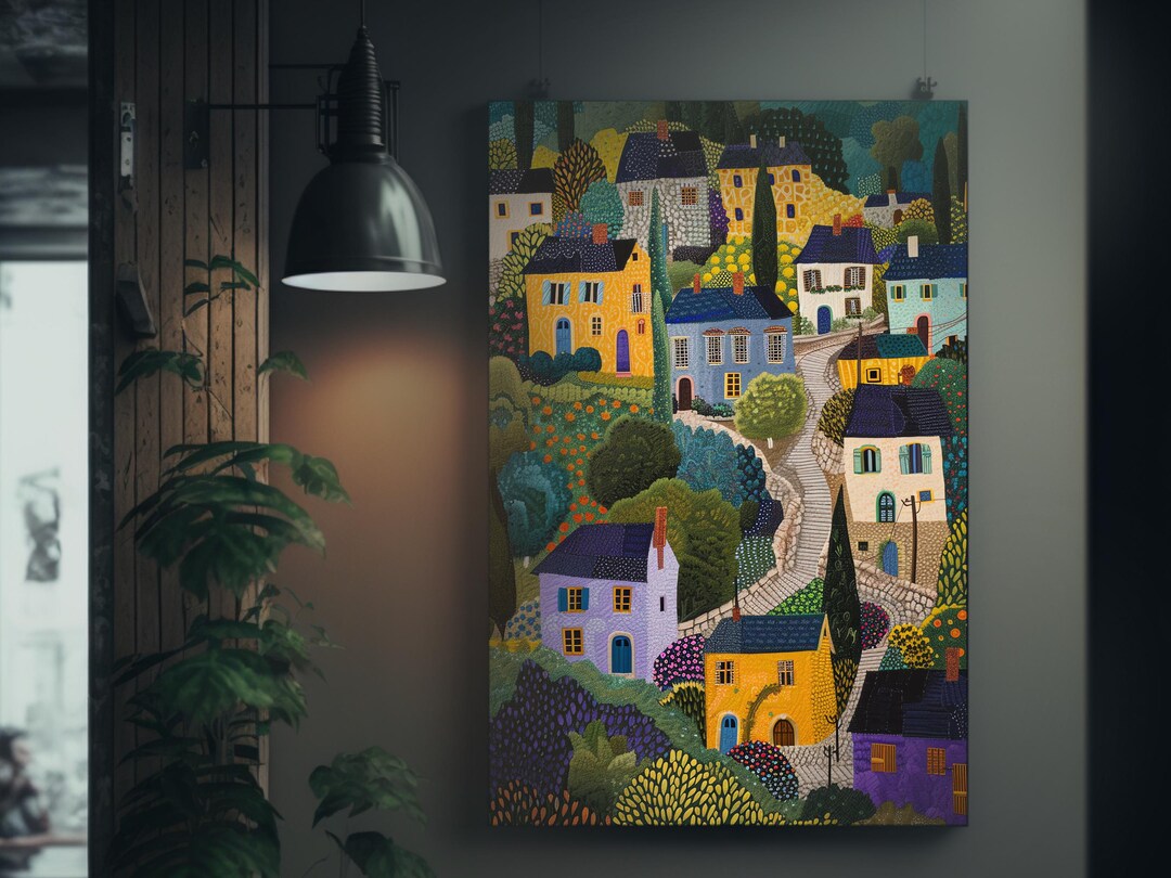 Whimsical Hillside Pointillism Art Naive Poster With Sunlit Houses ...