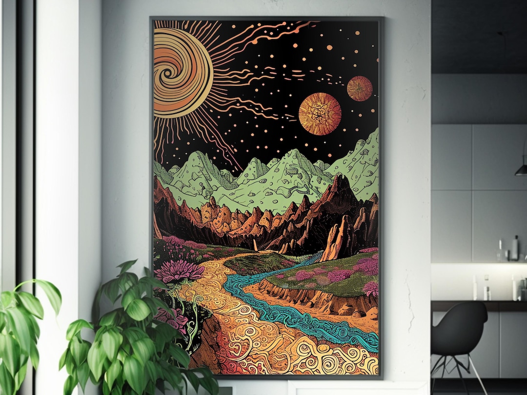 Psychedelic Mountain River Art | Cosmic Lsd-inspired Poster | Ski ...
