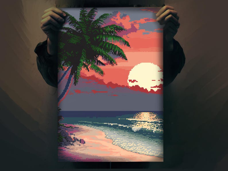 Vaporwave Beach Sunset Pixel Art Poster Aesthetic Artwork Retro Digital ...