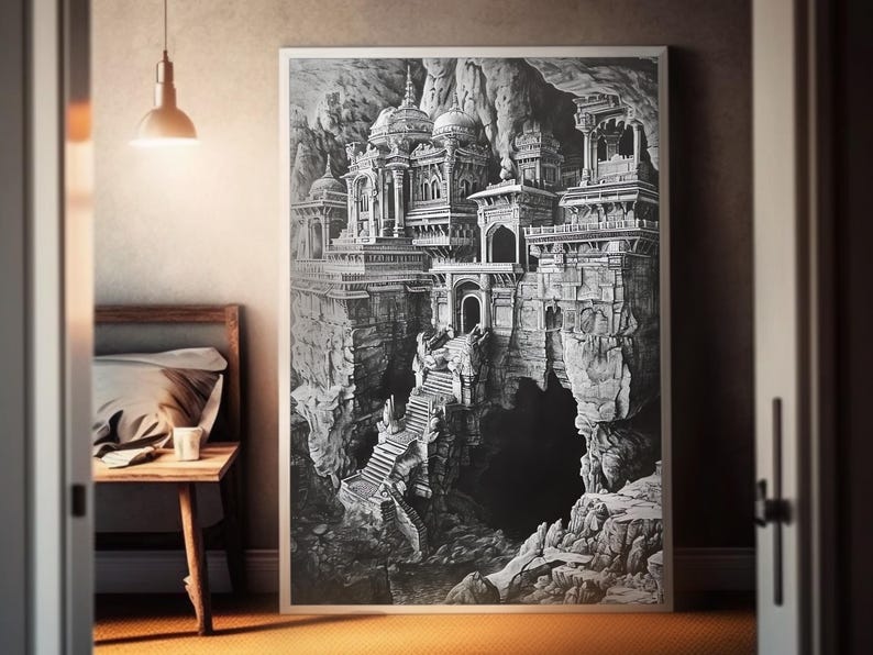 Detailed Monochrome Castle Cliff Poster Matte Painting Piranesi ...