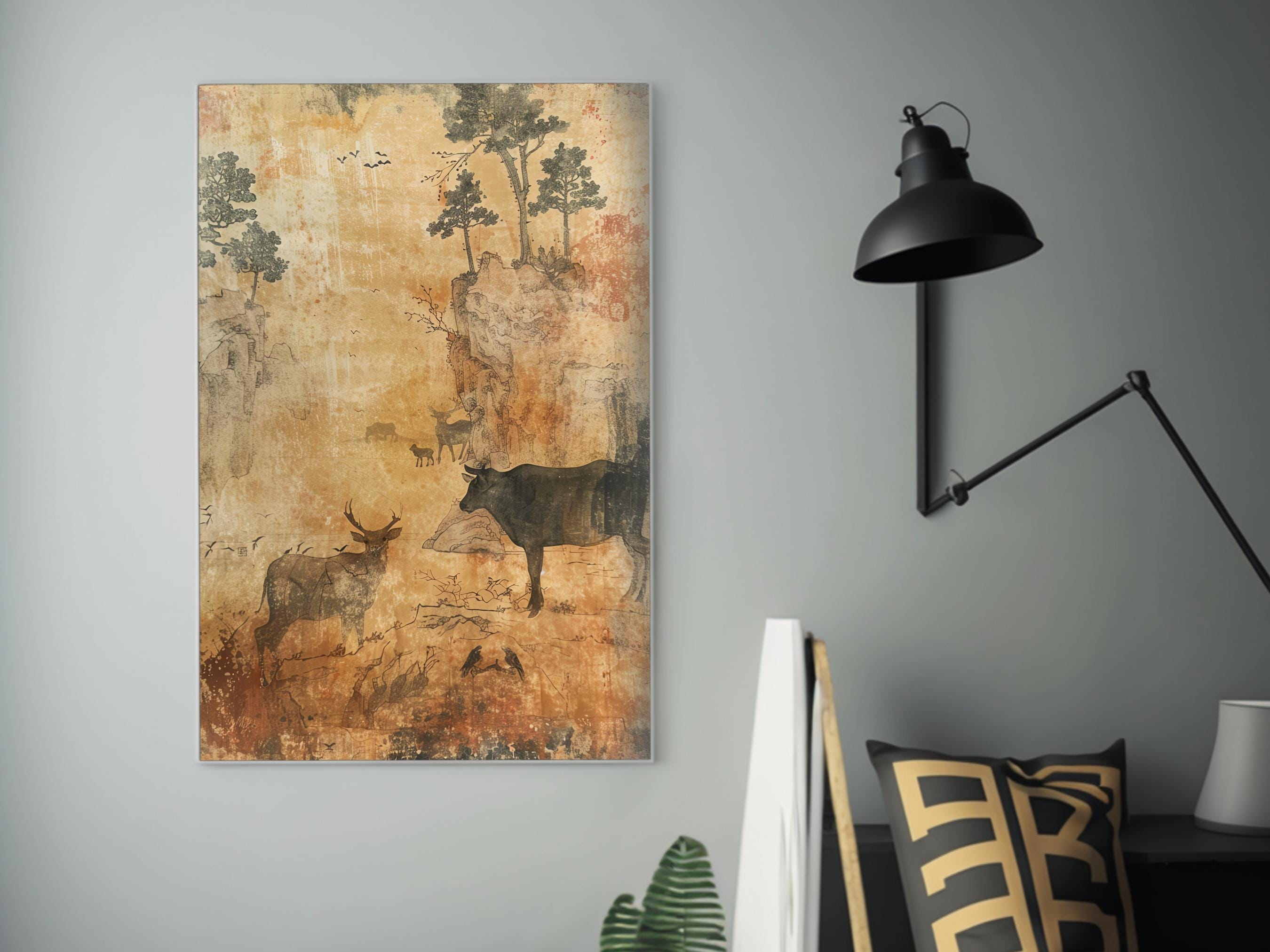 Paleolithic Cave Painting Poster Cow & Deer Art Tang Dynasty Style ...