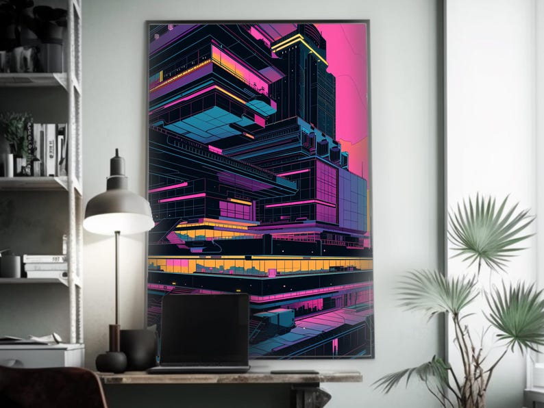 Afiche de ciudad ciberpunk con synthwave / Arte cibernético de ciudad ...