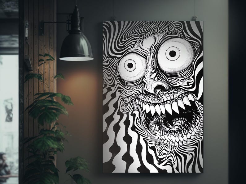 Psychedelic Zombie Face Lineart Poster Acid Graphics Trippy Art Black ...