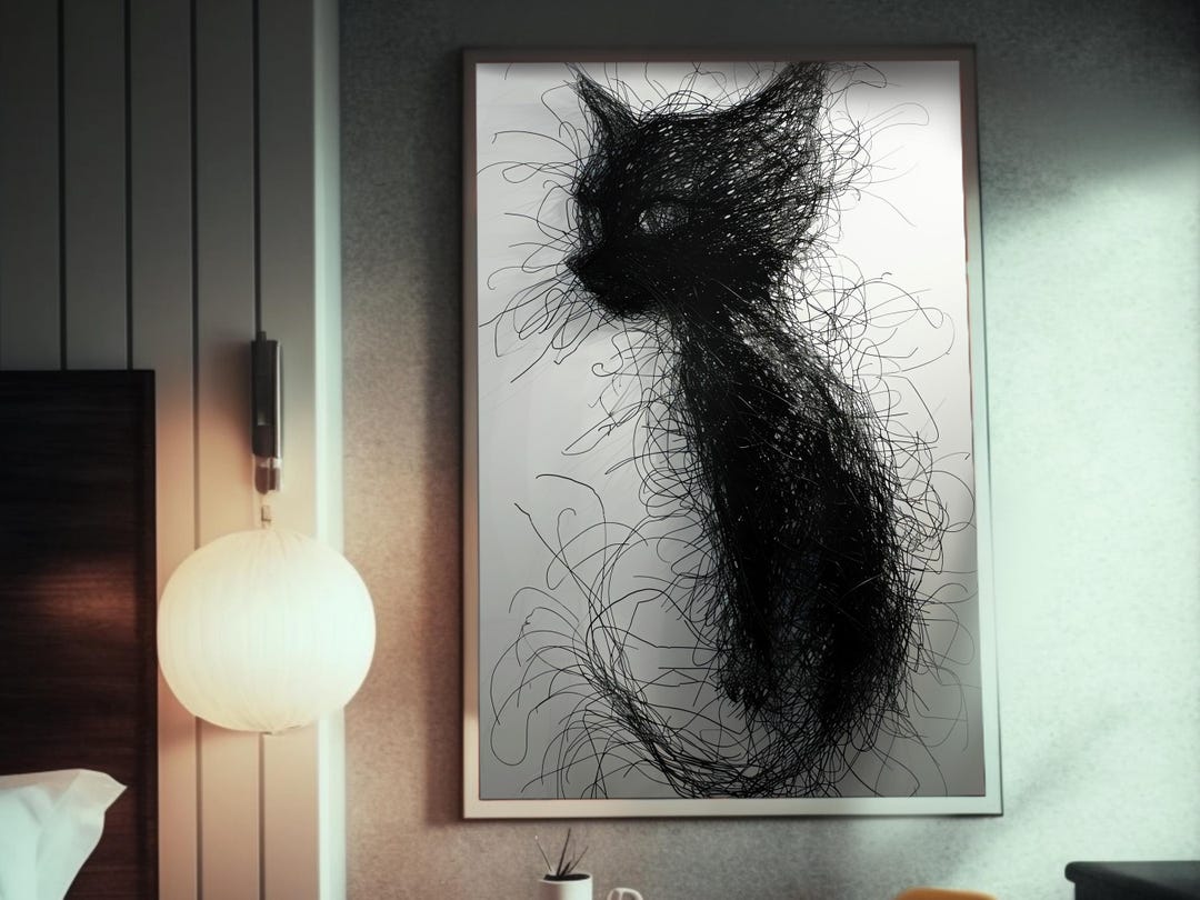Black Cat Surrealist Wire Sculpture | Auto-destructive Scribble Art ...