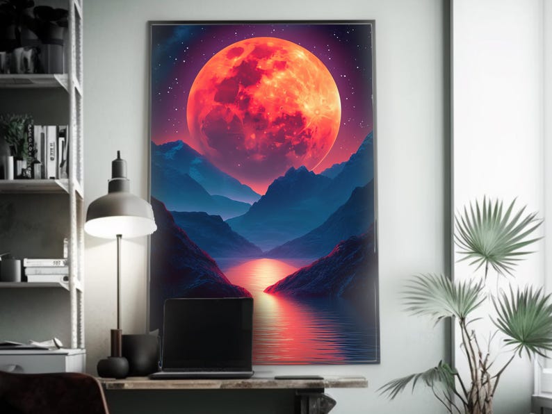 Red Full Moon Rising Over Water Space Art Blood Moon Background ...