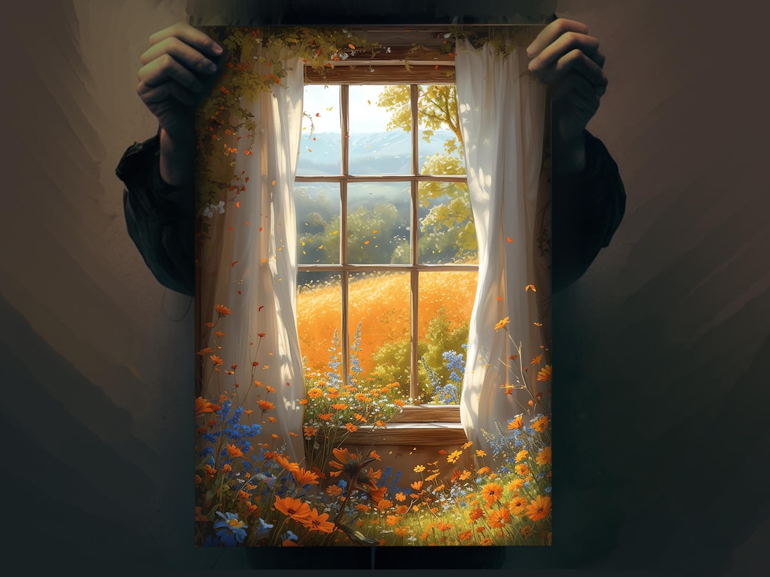 Field of Flowers Poster Window View Art Realistic Digital Painting ...