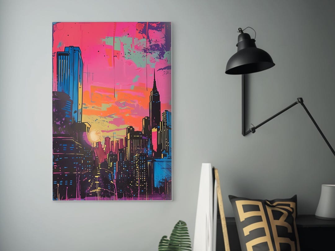 Graffiti City Sunset | American Skyline Poster | Neon Lights Art Decor ...