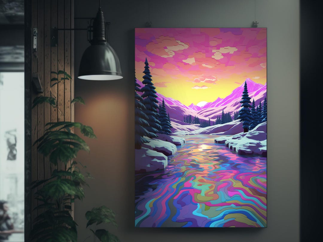 Psychedelic Winter River Poster Vector Art Snowy Forest Landscape Ski ...