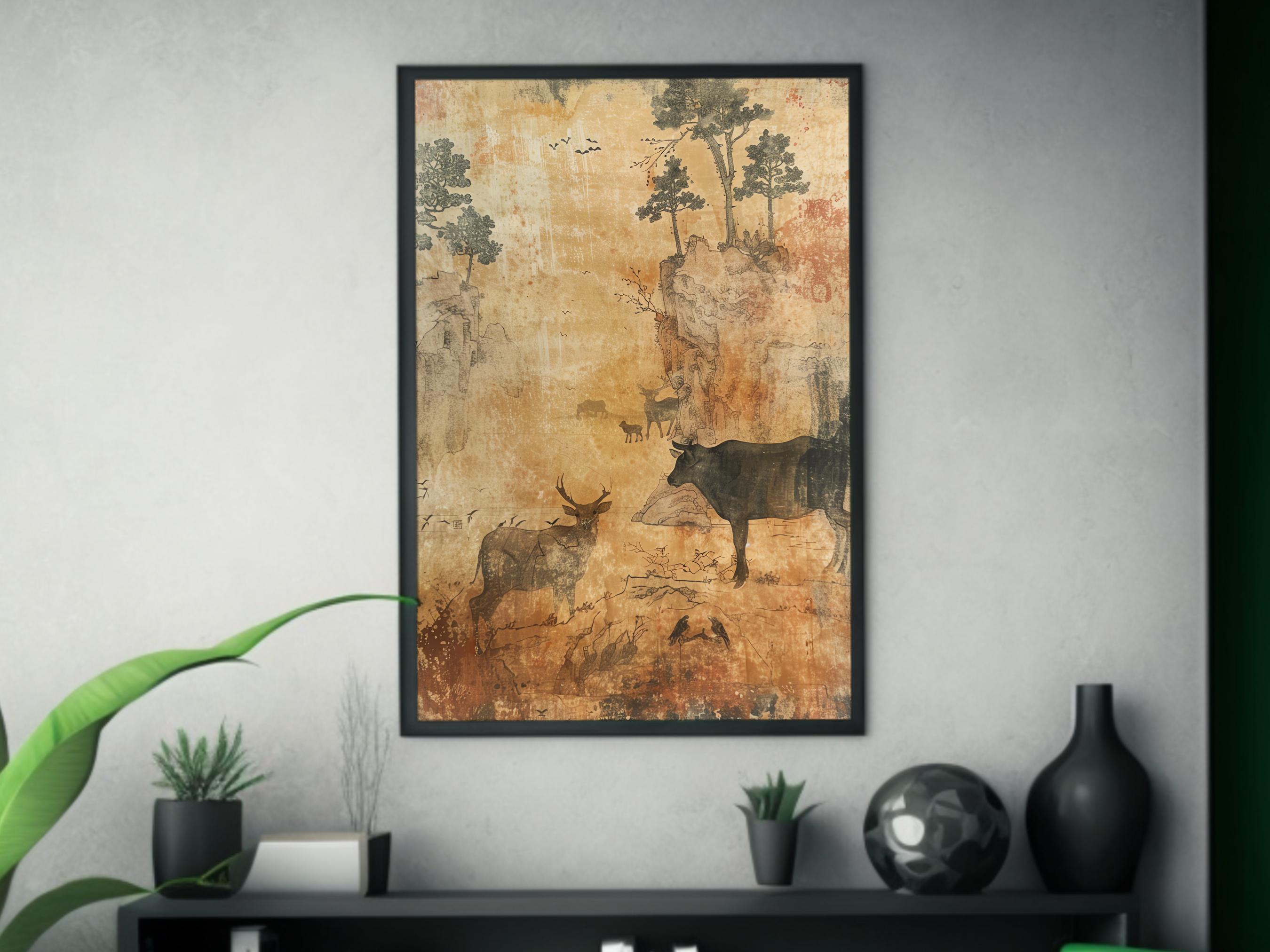 Paleolithic Cave Painting Poster Cow & Deer Art Tang Dynasty Style ...