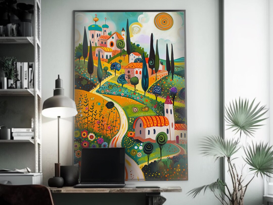 Whimsical Fantasy Townscape Poster | Vibrant Naive Art | Gouache ...