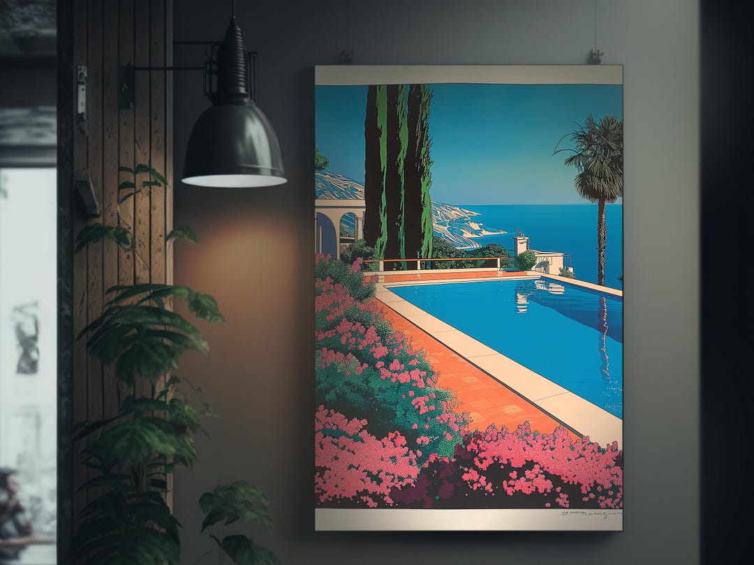 Vintage Ocean View | Art Deco Pool Poster | Precisionism Retro Art ...