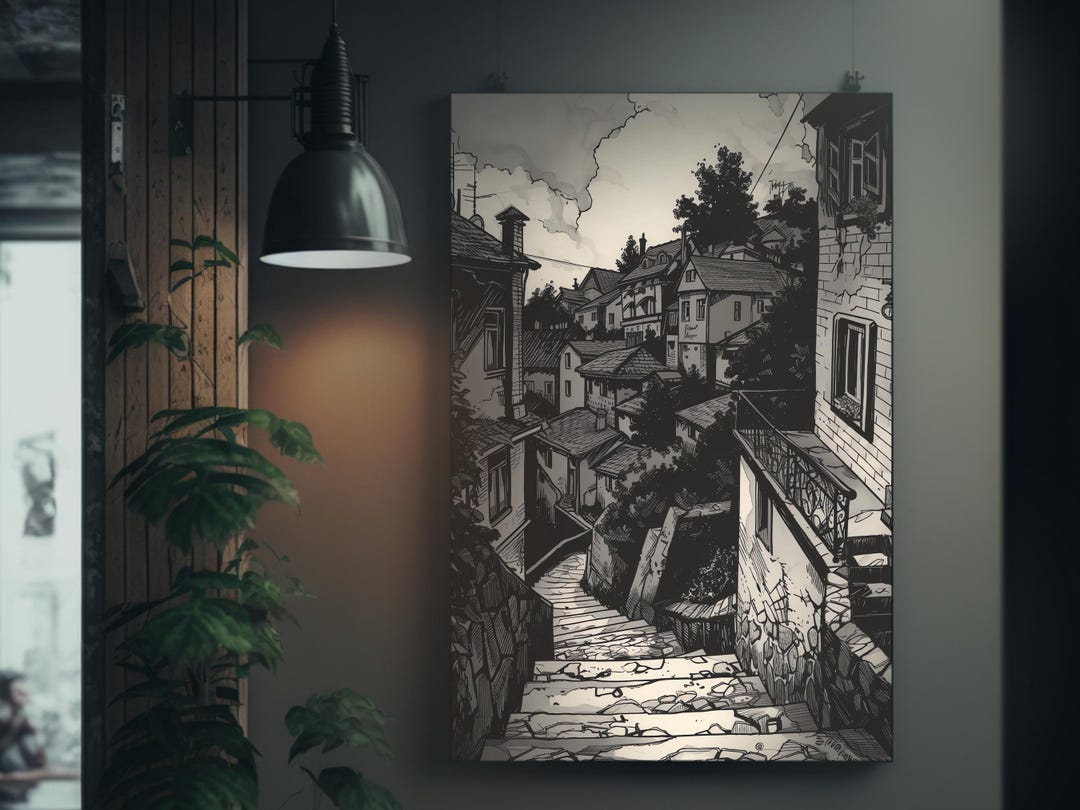 European Ink Street Scene Detailed Inking Art Black and White Poster ...