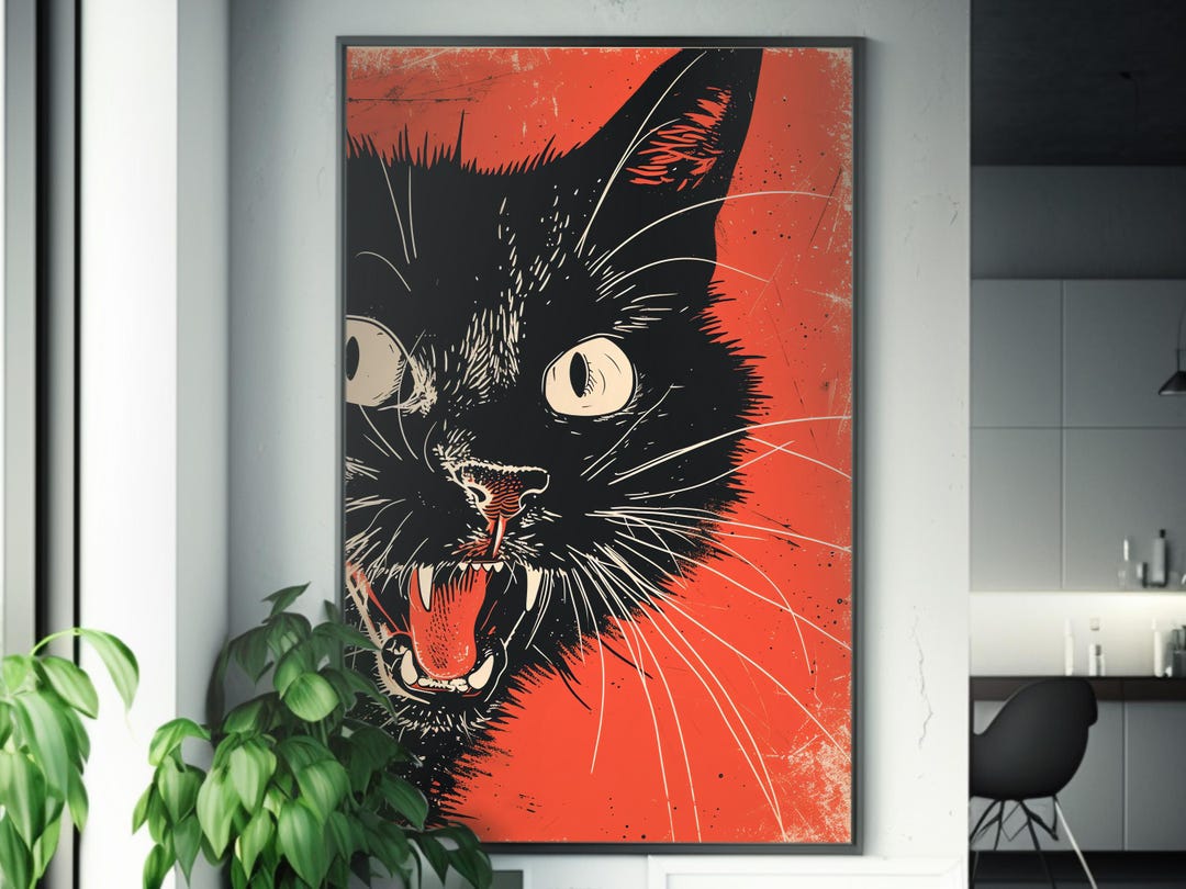 Gothic Black Cat Screenprint | Open Mouth Art Poster | Edgy Unique ...