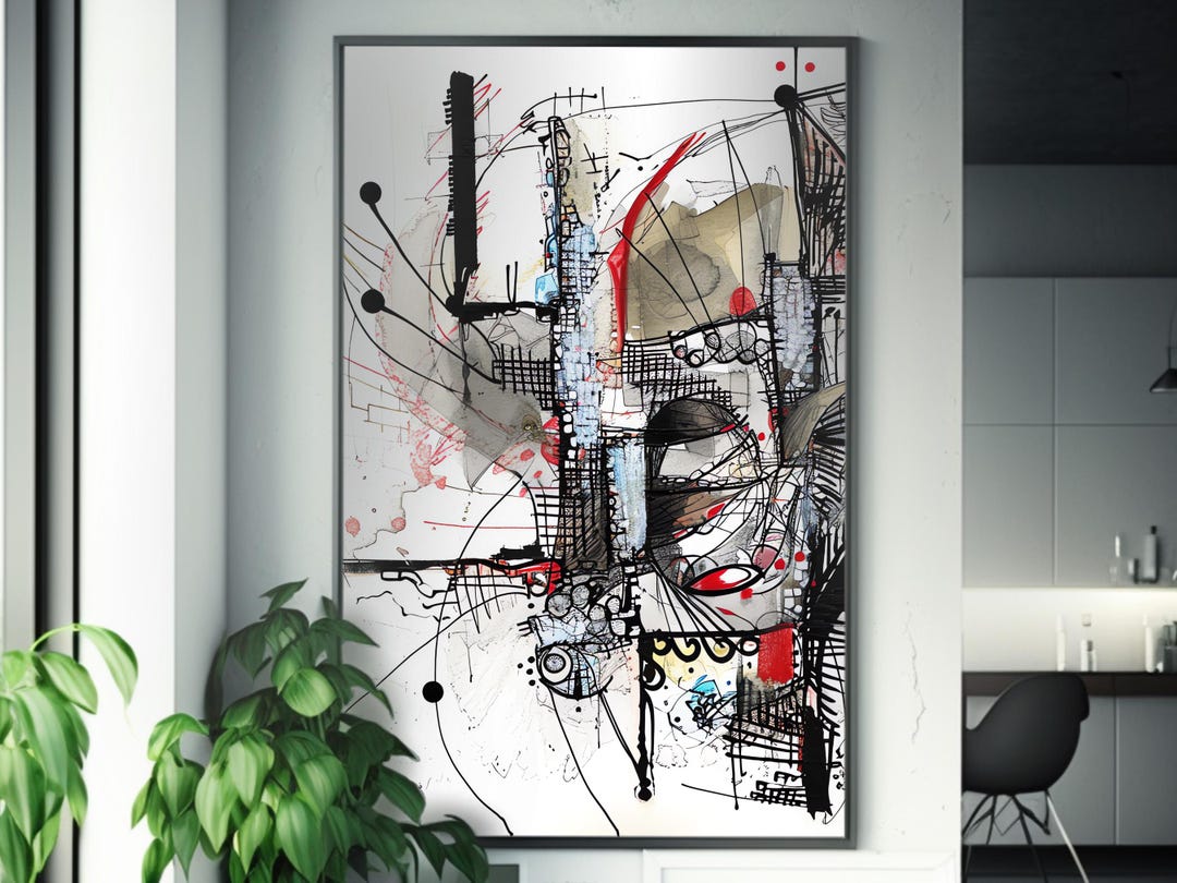 Abstract Black & White Ink Artwork Red Accents Modern European Graphic ...