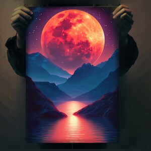Red Full Moon Rising | Over Water Space Art | Blood Moon Background ...