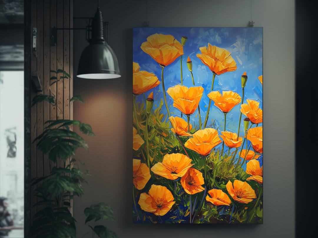 Orange Impressionist Floral Art Detailed Brush Strokes Blue Sky ...