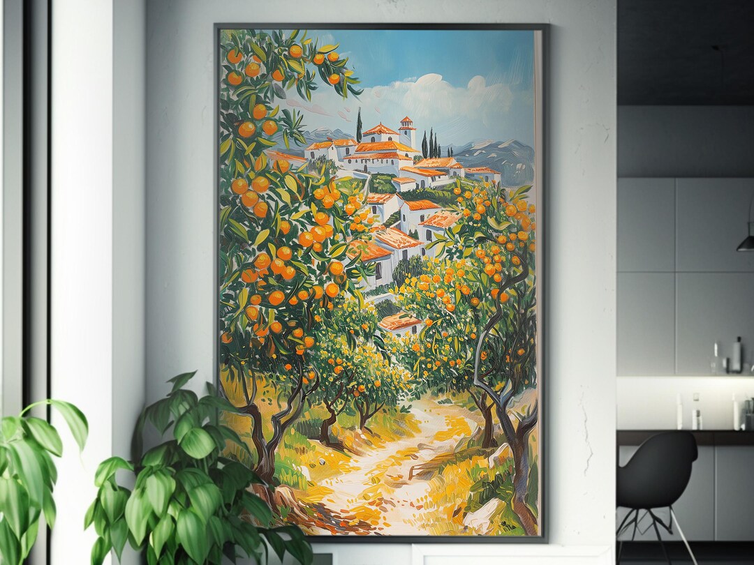 Vibrant Orange Grove Art Gouache Painting Plein Air Scenery Building ...