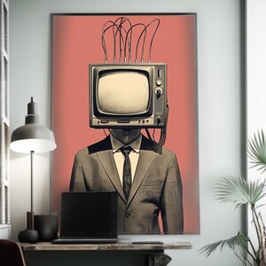 Cyberpunk TV Head Poster | Surreal Art Print | Man in Suit | TV Static ...