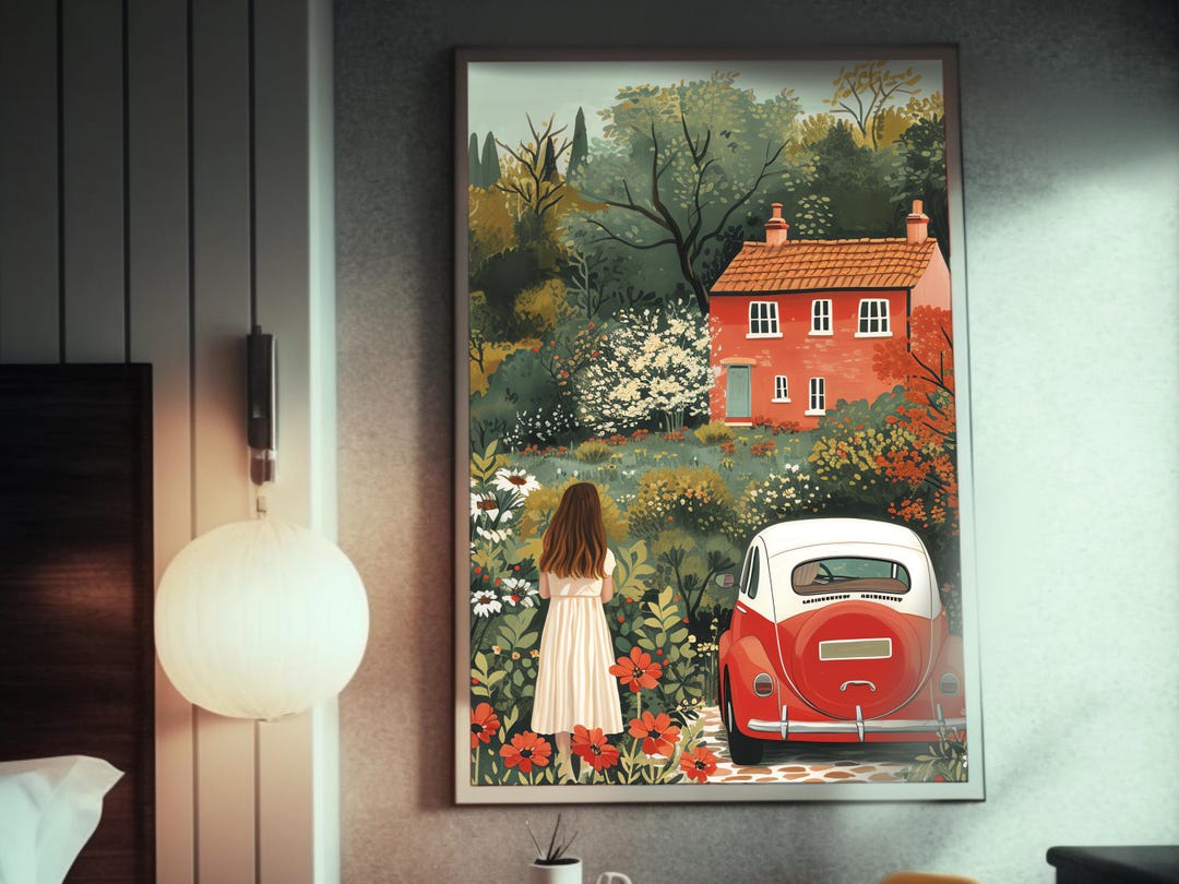 Vintage Chic Lady & Classic Red Car Poster Storybook Art Print Plein ...