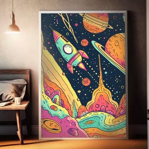 Psychedelic Space Rocket Poster Retro Comic Book Art Print Planets and ...