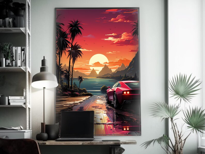 Red Sports Car Vector Art Outrun Poster Design Vroom Inspired Digital ...