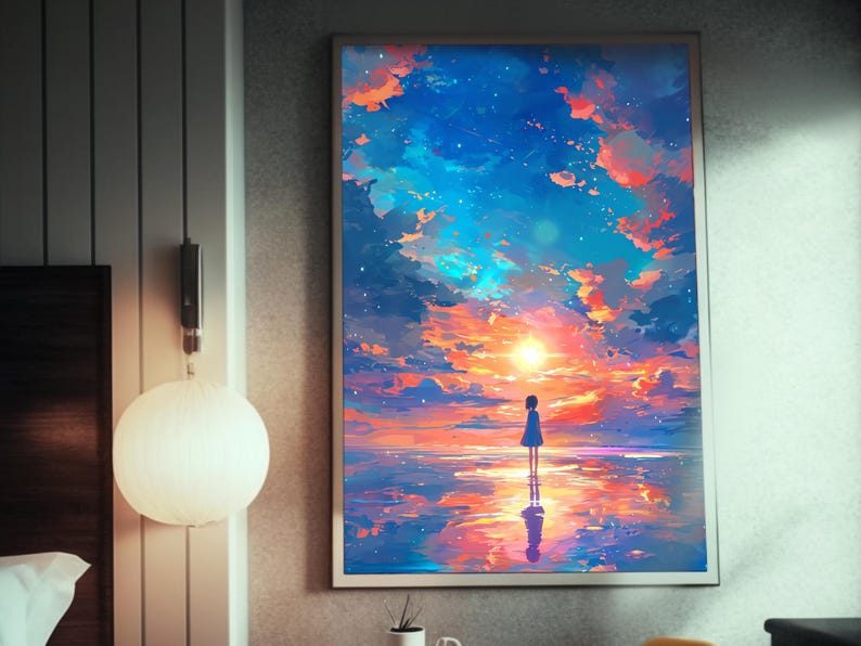 Cosmic Beach Sunset Poster Anime Art Print Cloud Sky Reflections Pixiv ...