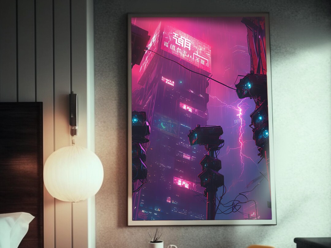 Neon Cyberpunk Traffic Lights Poster | Retrofuturism Cityscape Art ...