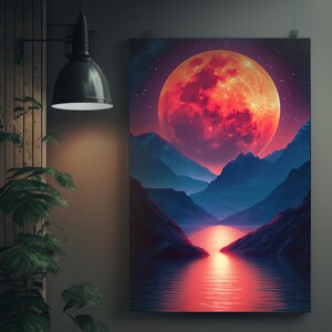 Red Full Moon Rising | Over Water Space Art | Blood Moon Background ...