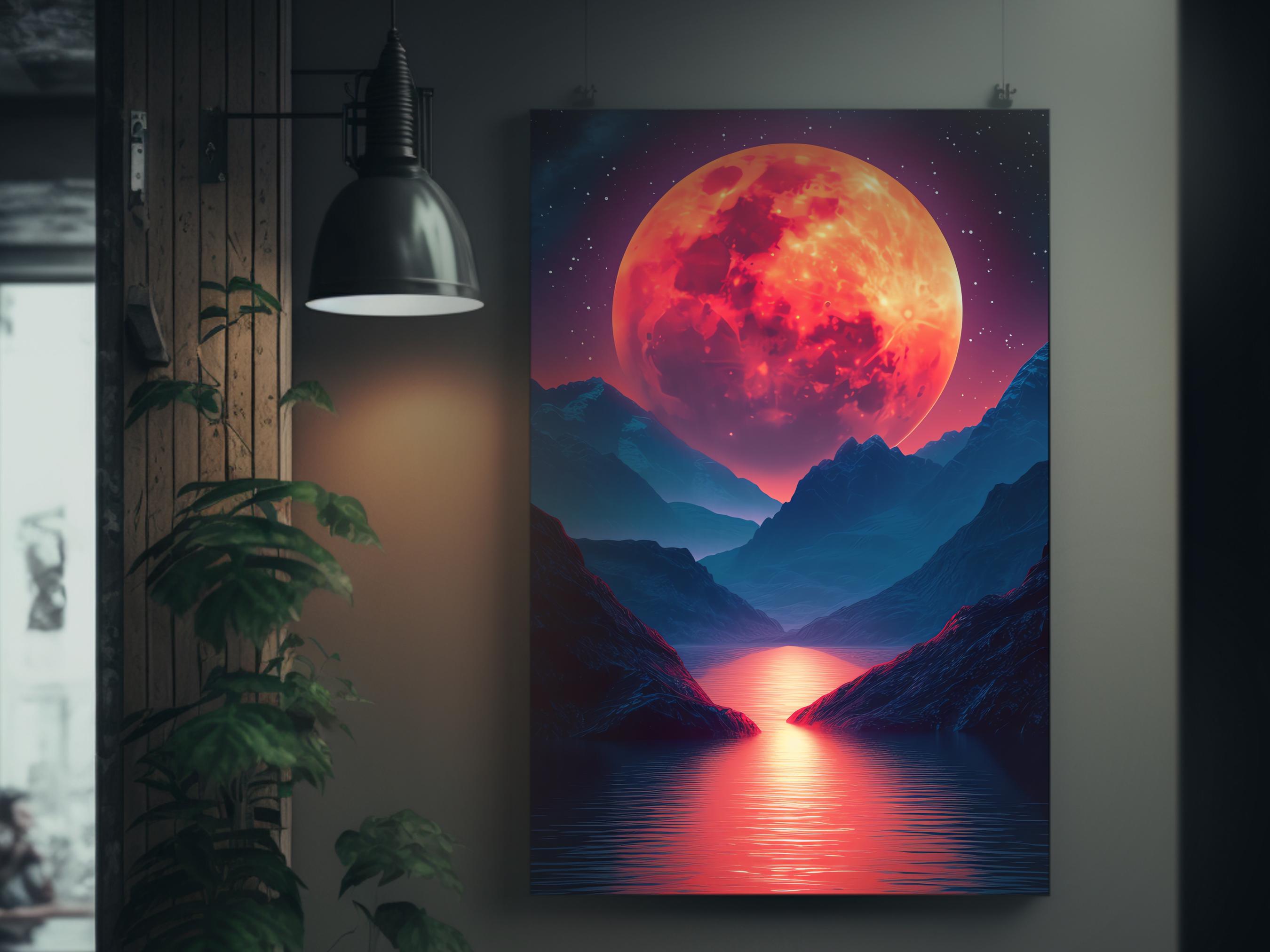 Red Full Moon Rising Over Water Space Art Blood Moon Background ...