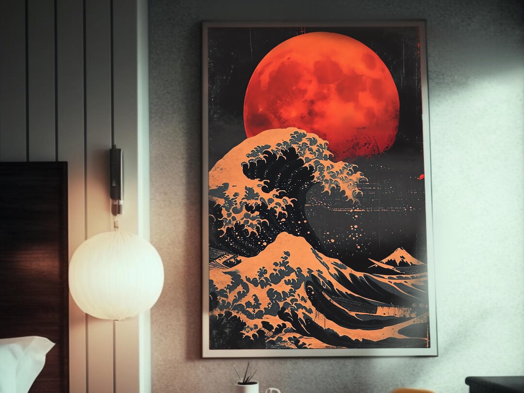 Red Moon Over Ocean | Ukiyo-e Style Art Poster | Blood Moon Background ...