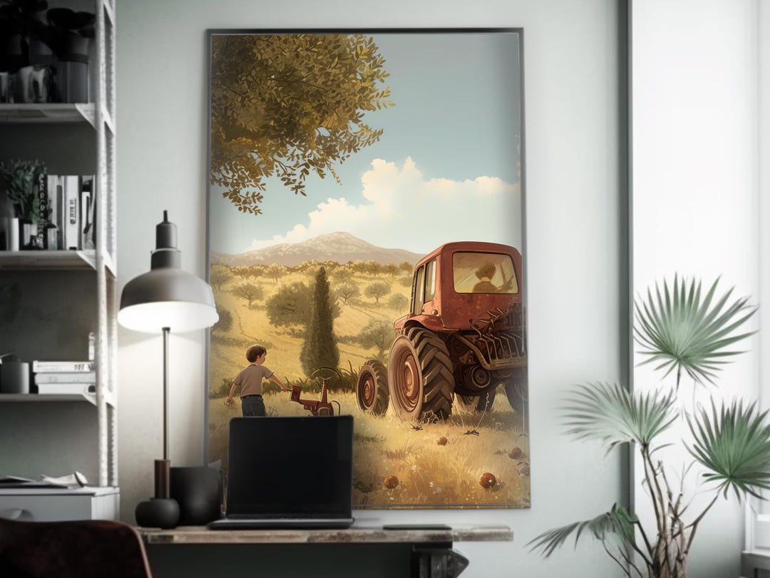 Vintage Storybook Poster | Boy & Tractor Field Scene | Cinematic Art ...