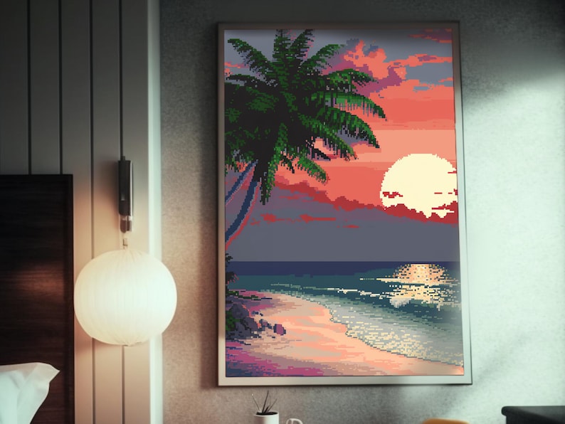 Vaporwave Beach Sunset Pixel Art Poster Aesthetic Artwork Retro Digital ...