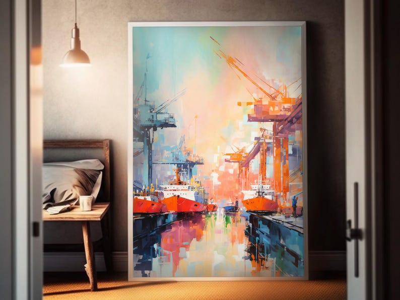 Harbor Boat Painting Shipyard Art Print Port Scene Poster Nautical Wall ...