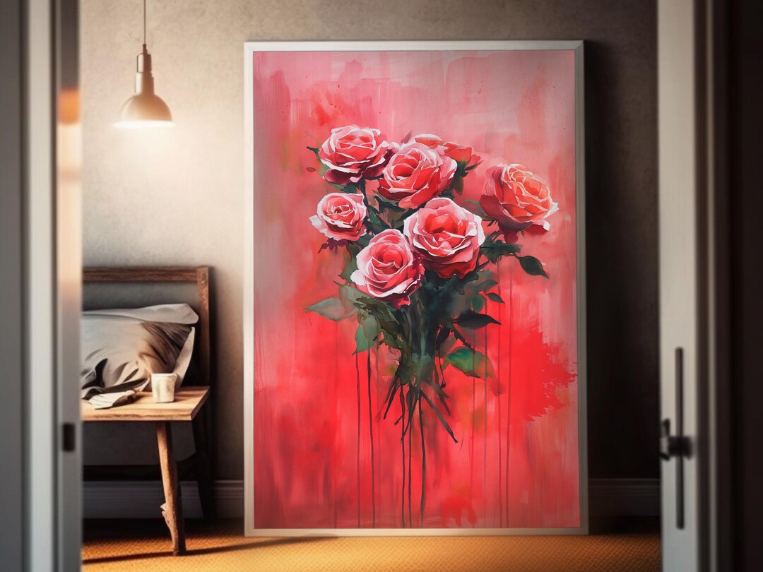 Neon Red Roses Art Print Figurative Floral Poster Pink Roses Artwork ...